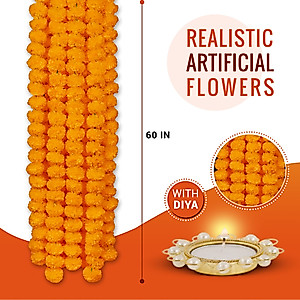 Marigold Garland for Decoration 5 Feet Indian Artificial Flowers for Diwali, Christmas, Party, Wedding Backdrop, Pooja & Cempasuchil Garlands Mexican Day of The Dead Halloween with 1 Diya (Orange 5)