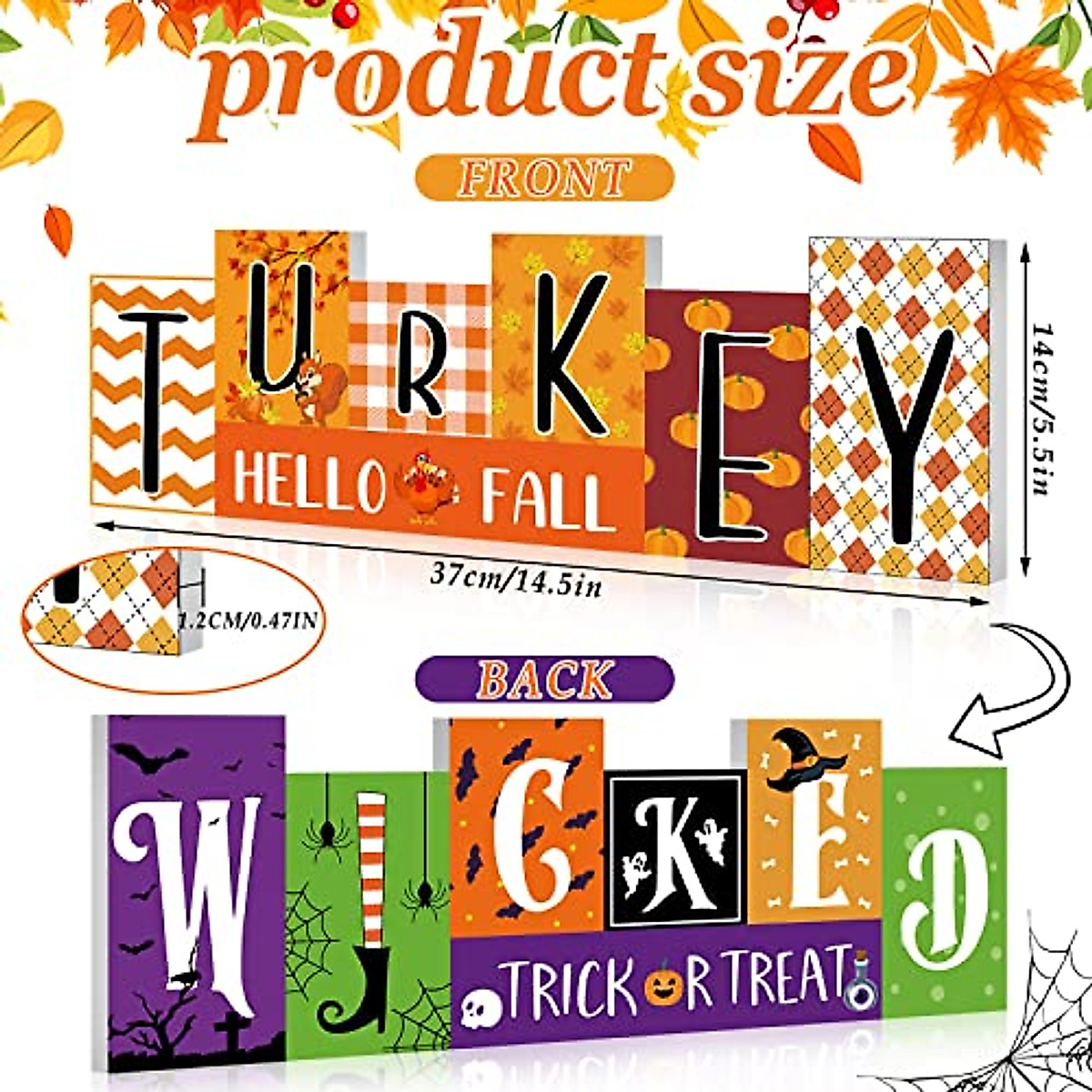 Purpeak Reversible Fall Wooden Table Sign Double Side Halloween and Thanksgiving Tabletop Sign Decor Wicked and Turkey Wood Block Fall Tiered Tray Decor for The Home Shelf Party Decor