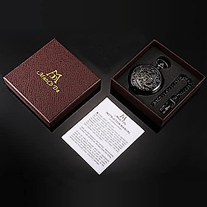 ManChDa Antique Mechanical Pocket Watches for Men Lucky Dragon Phoenix Pocket Watch with Chain Black Skeleton Dial Roman Numberals Gifts for Fathers Day