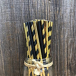 Black and Gold Foil Paper Drinking Straws - Stripe and Solid - 7.75 Inches - 100 Pack - Outside the Box Papers Brand