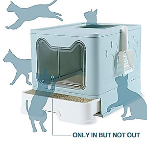 COBETE Cat Litter Box, Foldable Top Entry Covered Cat Litter Box with Lid, Easy Clean No Smell Pet Jumbo Litter Box with Mat and Scoop (Blue)