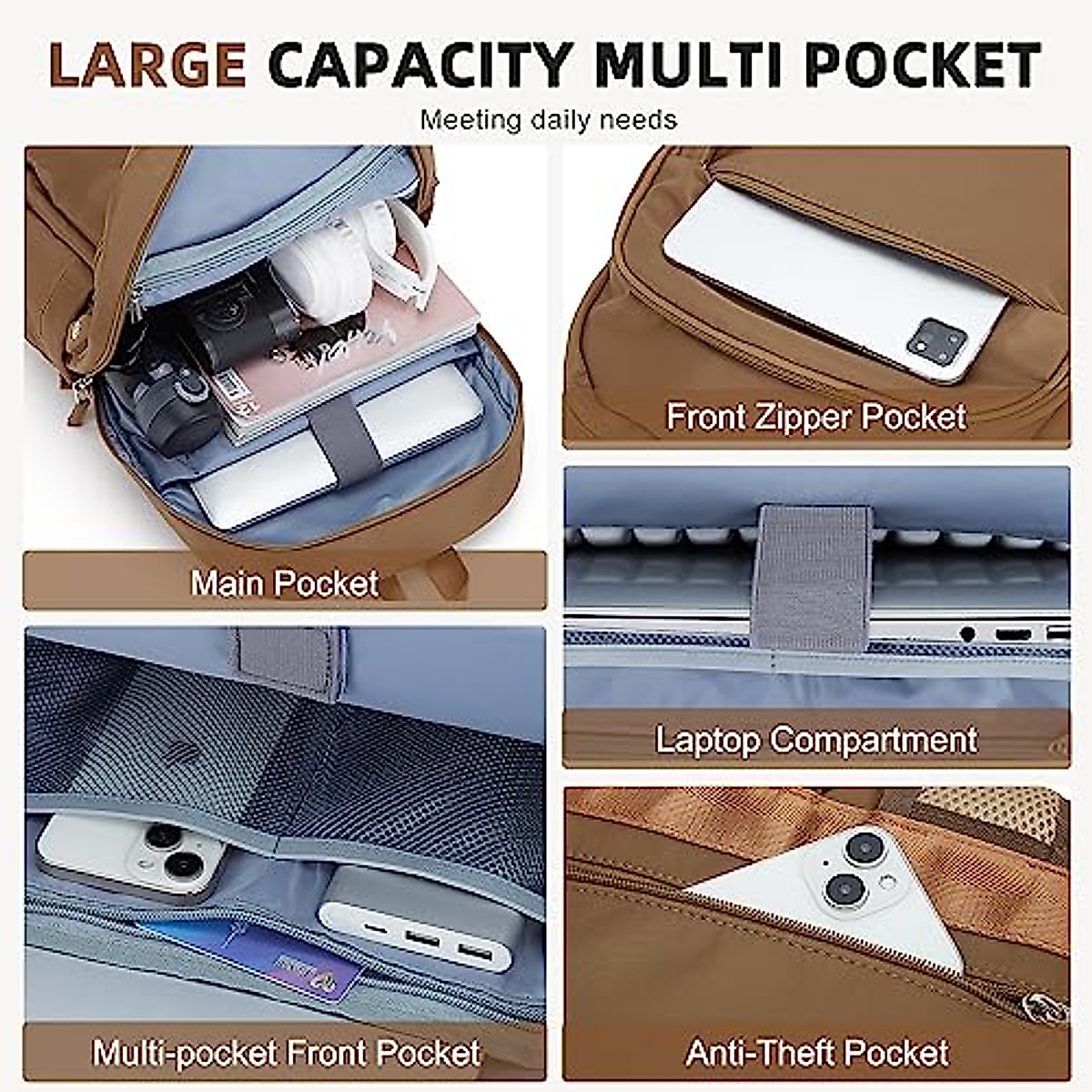 KEYEMP Large Travel Backpack Anti Theft Carry on Laptop Backpack with USB Charging Port Lightweight Water Resistant Aesthetic Casual Daypack College Backpack Work Bag for Women&Men,Champagne