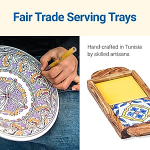 Kamsah Olive Wood Serving Tray - Decorative Coffee Table & Ottoman Tray with Handles & Hand Painted Ceramic Tile - Rustic Wooden Kitchen Tray for Tea & Coffee Service. Alhambra