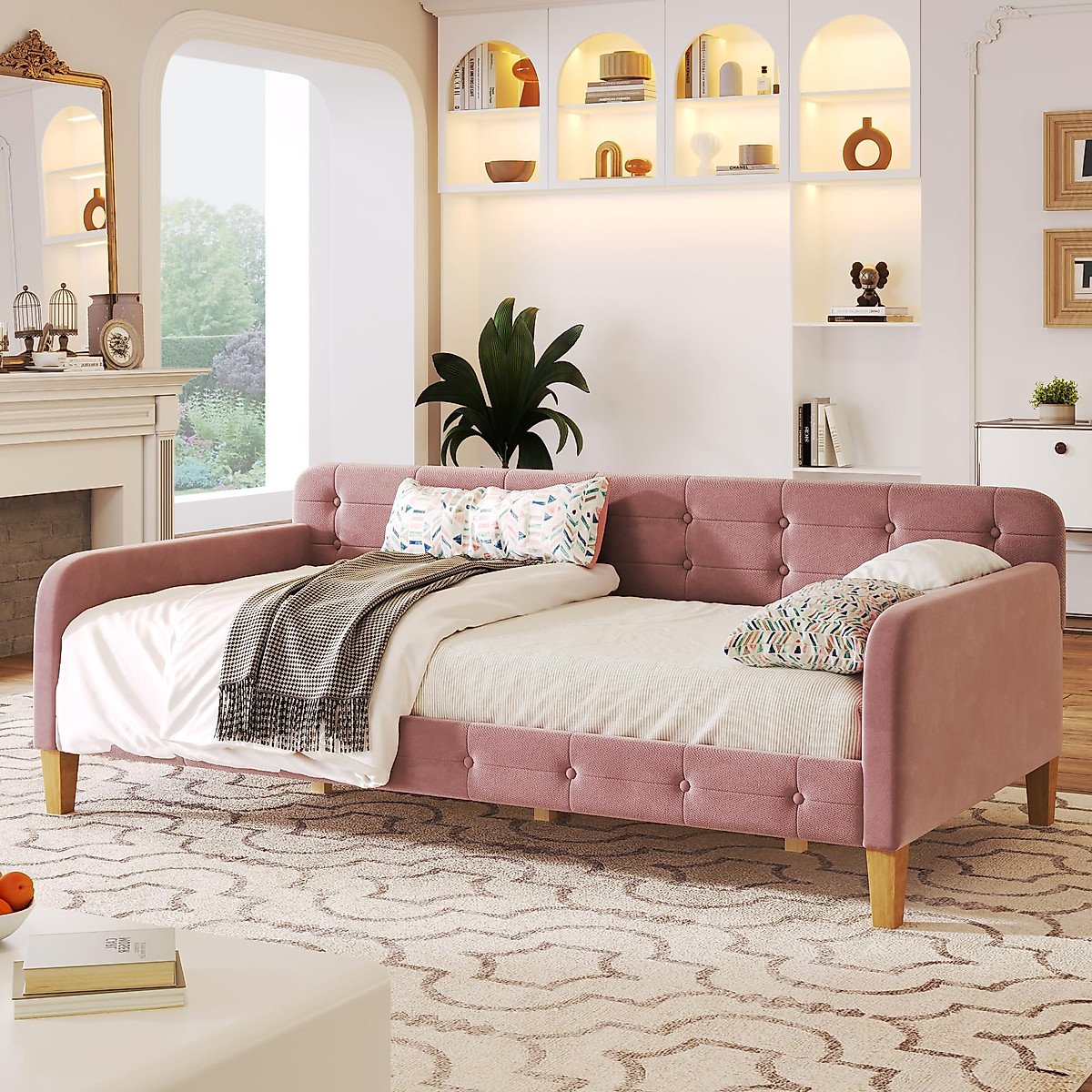 OUYESSIR Twin Size Upholstered Daybed, Comfy Wooden Velvet Fabric Day Bed Frame with Tufted Button for Kids Adults Boys Girls, Pink