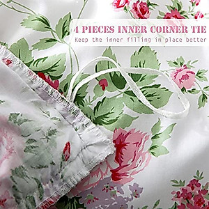 ZJZC Art Ruffle Duvet Cover Set Queen, 100% Cotton Pink Rose Floral Duvet Cover Cottage French Countryside Vintage Shabby and Chic 3 Pieces with Pillow Shams (Rose, Queen)