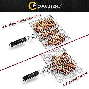 JY COOKMENT Grill Basket Stainless Steel with Portable Removable Handle, Grilling Basket-BBQ Accessories for Vegetable, Shrimp, Fish, Steak and Outdoor Use-Dishwasher Safe