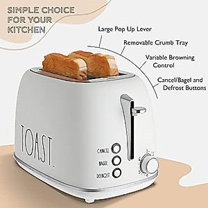 Rae Dunn Retro Rounded Bread Toaster, 2 Slice Stainless Steel Toaster with Removable Crumb Tray, Wide Slot with 6 Browning Levels, Bagel, Defrost and Cancel Options (Cream)