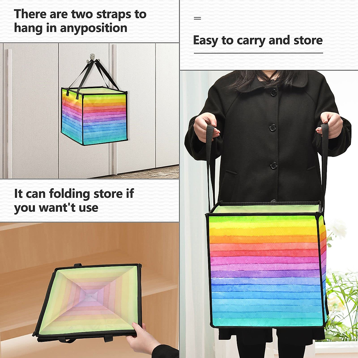 Blueangle Rainbow Striped Cube Storage Bin with Handles, 13 x 13 x 13 in, Large Collapsible Organizer Storage Basket for Home Décor（84）