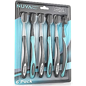 Nuva Dent Ultra Soft Charcoal Toothbrush - Gentle, Slim Brush Head, Medium Tip - Clean Plaque, Whiten Teeth - Works Well w/Activated Charcoal Toothpaste or Teeth Whitening Products, 6 Pack