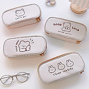 Cute Bear Large Capacity Pencil Case Japanese Canvas Pen Holder Kawaii Stationery Pouch Cartoon Makeup Cosmetics Bag for Back to Scool Students (Good Luck)