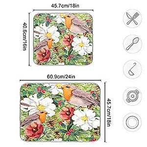 Flower Tree Bird Winter Art Dish Drying Mat 16"x18" Absorbent Machine Washable Hanging Fast Dry Pad Dish Protective Mat for Kitchen Countertop Heat Resistant Dinner Table Mat