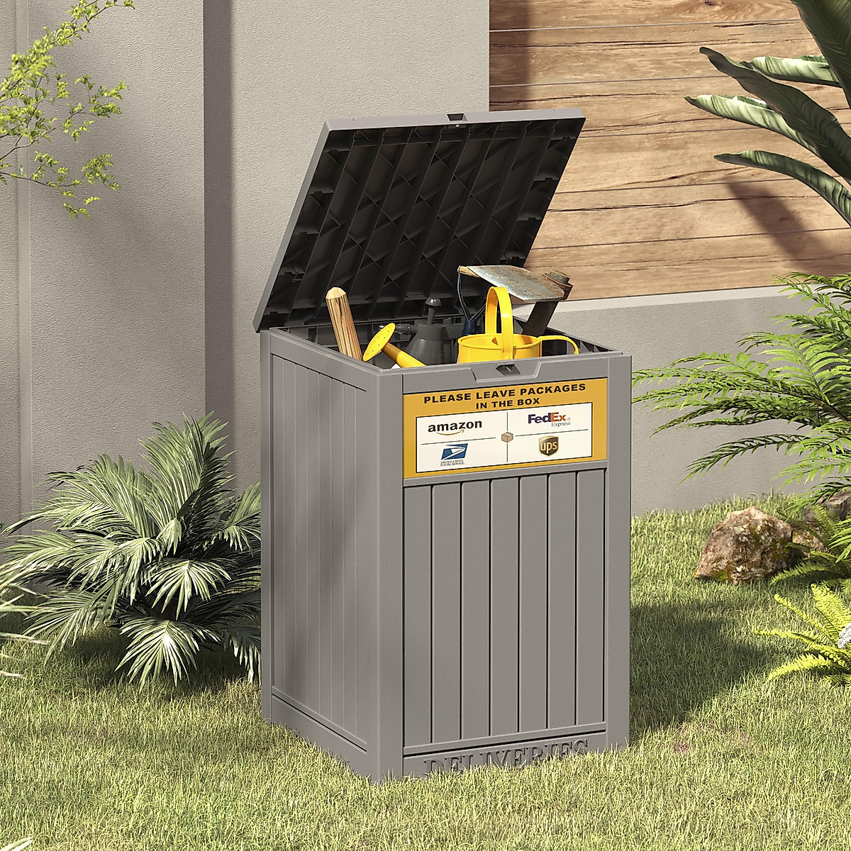 LHBGO Package Delivery Box for Porch with Delivery Sign, 48 Gallon Storage Box with Lockable Secure, Large Double Wall Resin Outdoor Package Delivery and Waterproof Deck Box