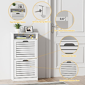 TENNTOU Shoe Storage Cabinet with 2 Flip Drawers & Top Cubby, Shoe Cabinet for Entryway Slim, Free Standing Shoe Rack Cabinet, Narrow Shoe Organizer for Entryway, Hallway, Bedroom, White