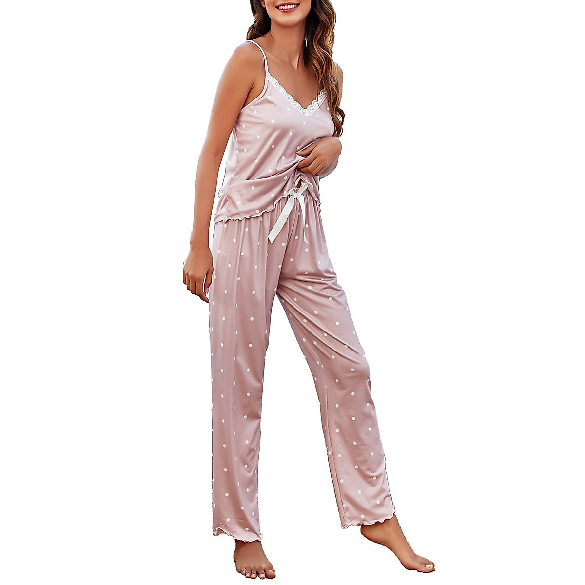 Verdusa Women's 2 Piece Polka Dots Lace Cami Top and Pants Sleepwear Pajama Set Light Pink S