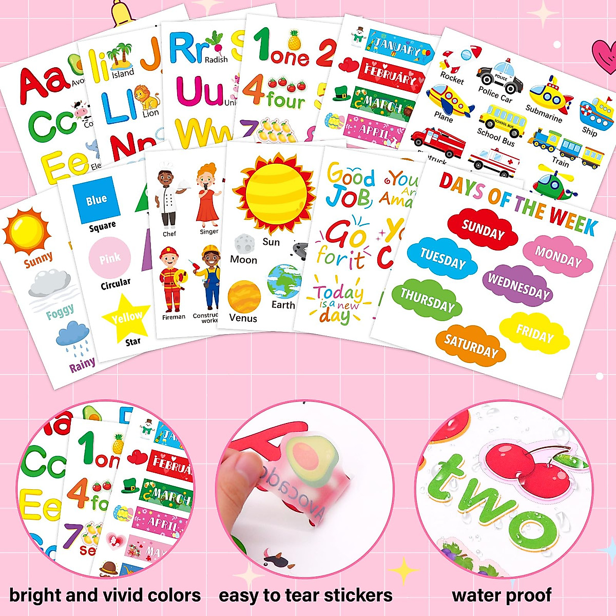 Alphabet Numbers Wall Decals 12 Sheets Color Weather Learning Educational Wall Stickers Peel and Stick Solar System Shape Wall Decals for Kids Toddlers Classroom Playroom Bedroom Wall Decorations