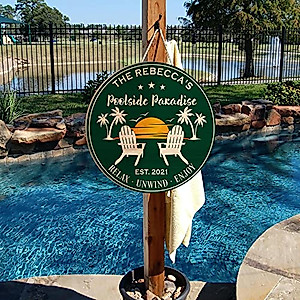 MUCHNEE Personalized Funny Swimming Pool Zone Printed Sign for Backyard Paradise Patio Oasis Waterfront - Relax Unwind Enjoy Round Wood Plaque Indoor Decorations - Gift for Birthday Housewarming