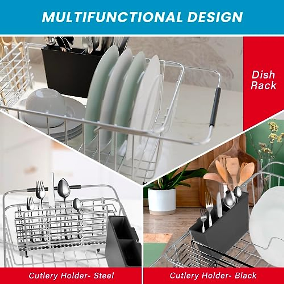 KESOL Over The Sink Drying Rack, Expandable Dish Rack with 2 Utensil Holders (1 Plastic & 1 Steel), 304 Stainless Steel Drying Rack for Kitchen Sink with Anti-Scratch Base, Rustproof Dish Drainer