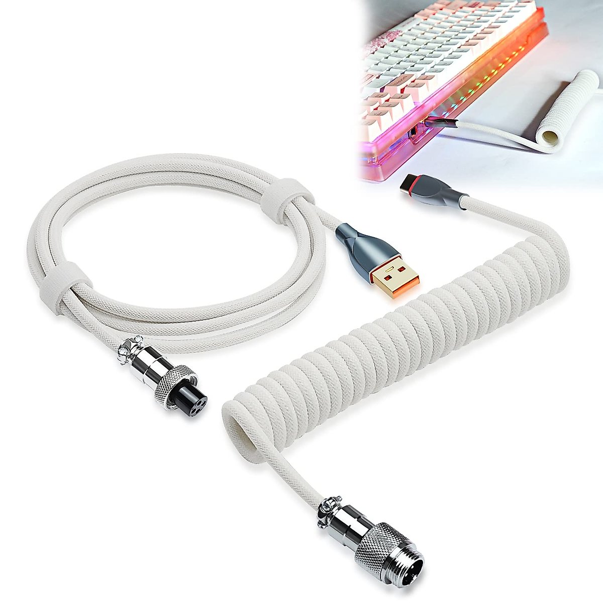 UCINNOVATE Coiled Keyboard Cable, Pro Custom Coiled USB C Cable for Gaming Keyboard, Double-Sleeved Mechanical Keyboard Cable with Detachable Metal Aviator, 1.8M USB-C to USB-A (White)