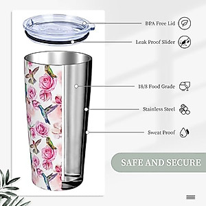 Yaxongx 20oz Tumbler Roses Hummingbird Double Wall Vacuum Insulated Coffee Mug with Lid and Metal Straw Brush Reusable Stainless Steel Water Bottle Travel Cup Gifts for Car Ice Drinks Hot Beverage