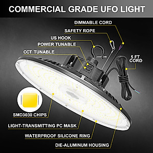 ADUB UFO LED High Bay Light 150W 100W 80W Adjustable, UL Listed High Bay LED Shop Light 3000K 4000K 5000K, IP65 Commercial Dimmable LED Low Bay Lights for Garage Gym Warehouse Lighting, 100-277V