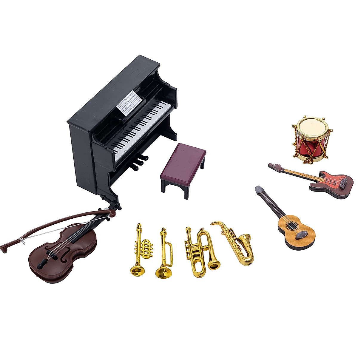 Kodycity Dollhouse Miniature Musical Instruments Set Mini Accessories Piano Violin Trumpet Guitar Saxophone Drum Doll House Accessory Miniatures 1 12 Scale for Model Music Room Decor