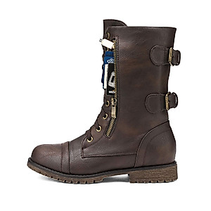 DREAM PAIRS Women's Combat Boots, Mid Calf Built-in Wallet Pocket Lace up Military Ankle Booties,Size 9.5,Brown,TERRAN