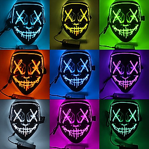 PENGYOU LED Halloween Mask Face El Wire Glow Scary Purge Light Up Masks LED for Women Men Kids Festival Gifts Blue, 8x6.9x3.5 inches
