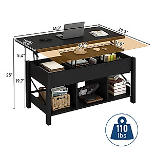 Hlivelood Lift Top Coffee Table, 4 in 1 Living Room Multi-Function LED Table with Charging Station&LED Lights, Farmhouse Convertible Lift Center Table w/Storage and Hidden Compartmen