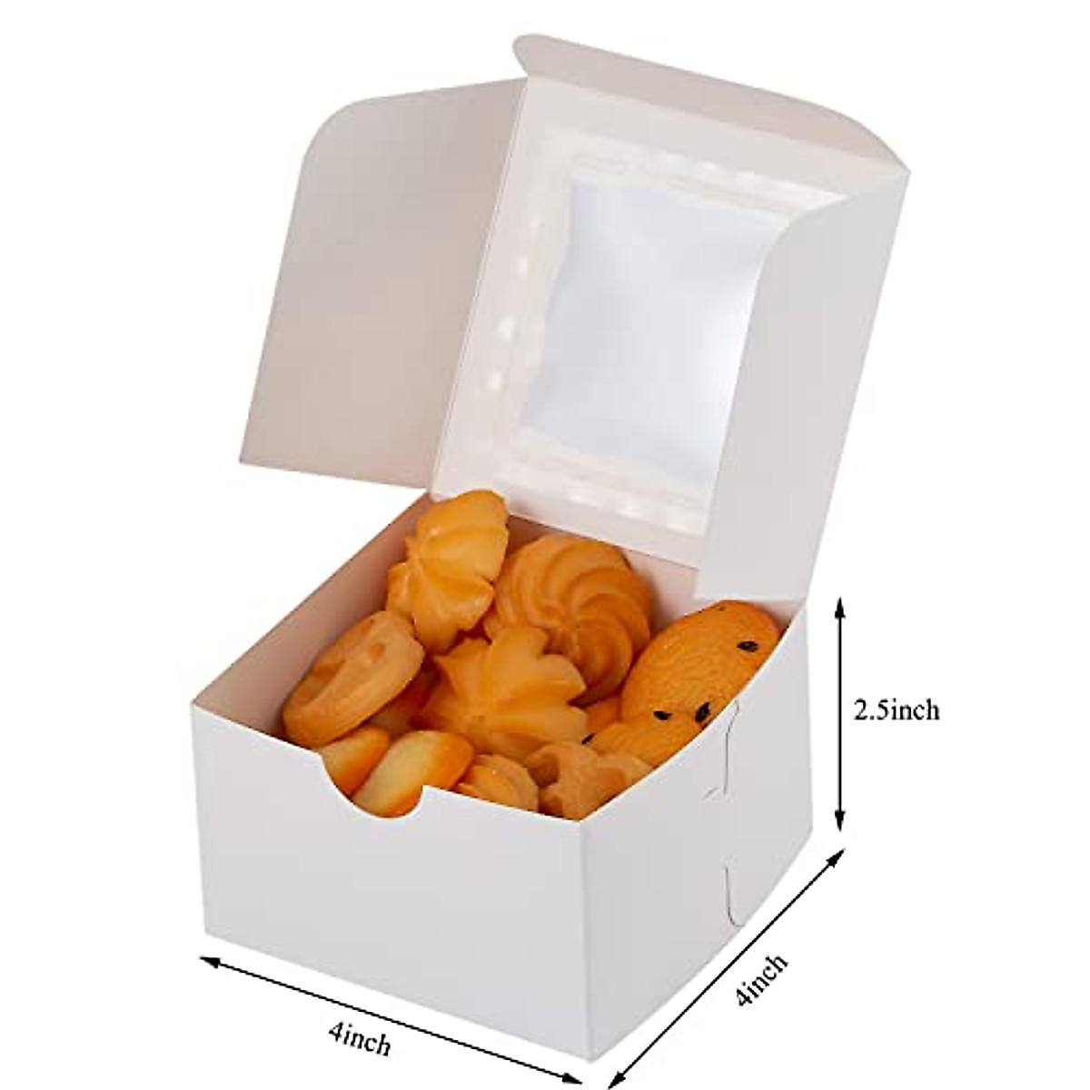 Bekoetoz 100Pcs Paper Cookie Boxes With Window Small Bakery Boxes 4x4x2.5 Inches Mini Cake Boxes For Pastries,Cupcakes,Desserts,Donuts,Chocolate Strawberries,Candy,Treat Boxes(4 * 4 * 2.5,White)