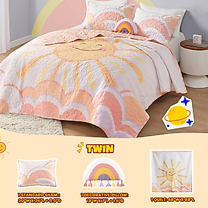 Urban Habitat Kids Twin Quilt Bedding Set Twin Coverlet Cotton Coverlet Sun Girls Twin Bedding Set Rainbow & Clouds Reversible Dawn Light & Breathable Sham Throw Pillow Twin Yellow/Coral 3 Piece