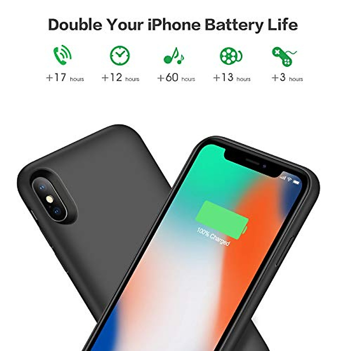 QTshine Battery Case for iPhone X/XS/10, Newest [6500mAh] Protective Portable Charging Case Rechargeable Extended Battery Pack for Apple iPhone X/XS/10(5.8') Backup Power Bank Cover - Black