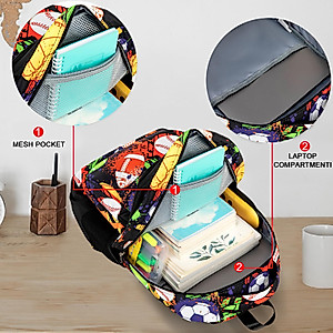LEDAOU School Backpack Teen Boys Kids Bookbag Daypack School Bag (Ball Graffiti)