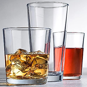 Set of 18 Sleek and Durable Drinking Glasses - Glassware Set Includes 6-17oz Highball Glasses, 6-13oz Rocks Glasses, 6-7oz Juice Glasses | Heavy Base Glass Cups for Water, Juice, Beer, & Cocktails.