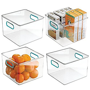 mDesign Plastic Food Storage Container Bin with Handles for Kitchen, Pantry, Cabinet, Fridge/Freezer - Cube Organizer for Snacks, Produce, Vegetables, Pasta - BPA Free, Food Safe - 4 Pack, Clear/Blue