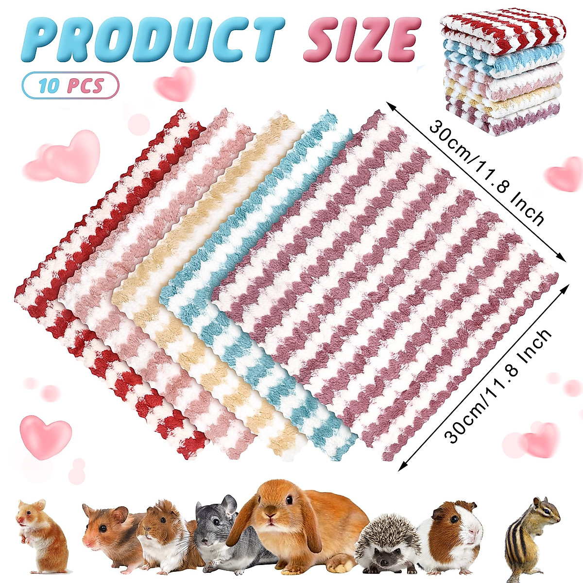 Nobgum 10 Pcs Guinea Pig Fleece Blanket,Rabbits Hamster Cage Liners, Washable Small Animal Pet Blanket Sleep Bedding Mats Bed Pad Cover Throw Bath Towels for Guinea Pig Hamster Ferrets 5 Color