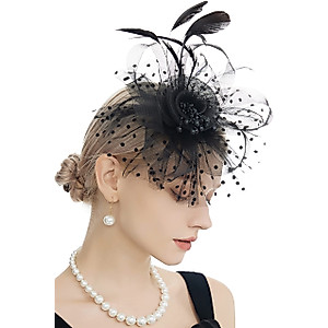 Myjoyday Women's Fascinators, Feathers Tea Party Hat, Veil Headband with Hair Clip for Cocktail Church (Black)