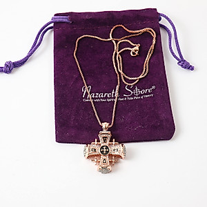 Nazareth Store Crusaders Jerusalem Cross Pendant Necklace Gold Plating 18k Enamel Crystallized Stones 1.3" (Black)