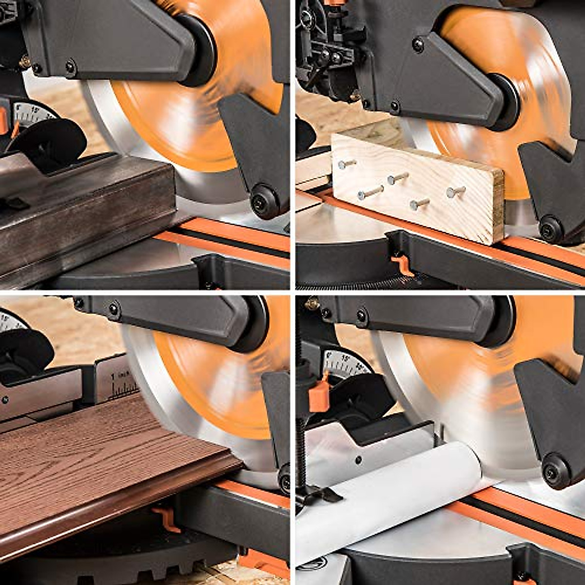 Evolution Power Tools R255SMS+ PLUS 10-Inch Sliding Miter Saw Plus Multi-Material Multi-Purpose Cutting Cuts Metal, Plastic, Wood & More 0˚ - 45˚ Bevel & 50˚ - 50˚ Miter Angles TCT Blade Included