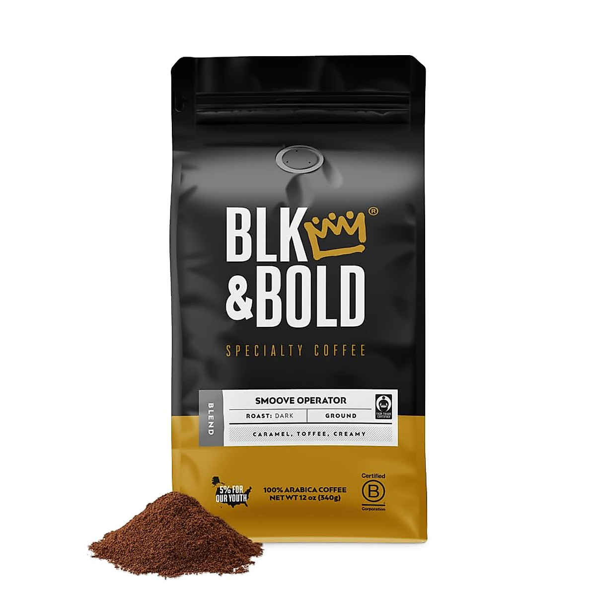 BLK & Bold Ground Coffee, Smoove Operator Premium Dark Roast, 100% Arabica Beans, 12 oz Bag
