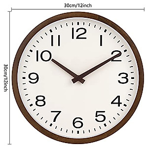 Foxtop Wooden Wall Clock 12 Inch Silent Non-Ticking Battery Operated Quartz Round Wood Wall Clock for Bedroom Kitchen Home Office (Brown)