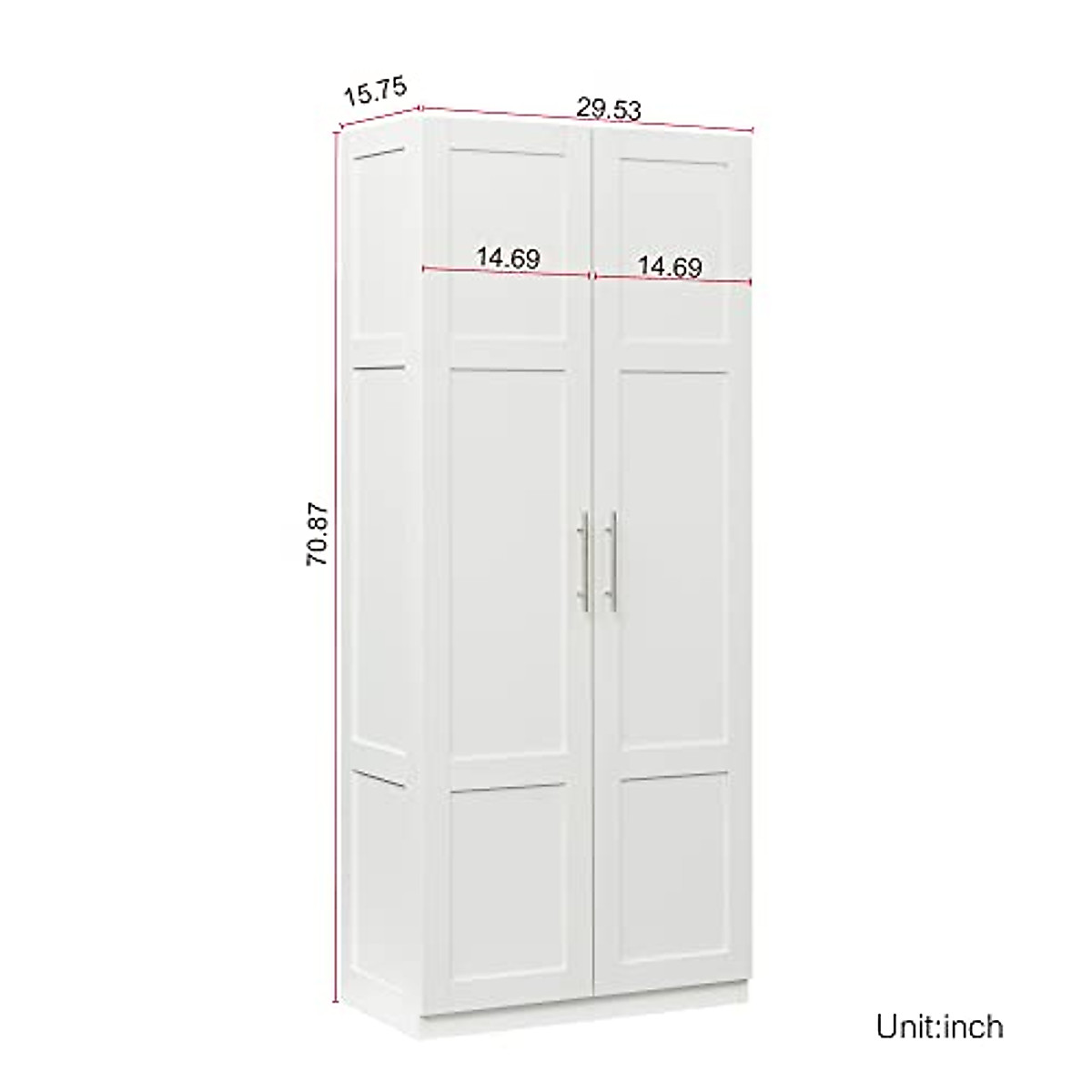 Voohek, White Wardrobe Closet with 2 Doors and Hanging Rod, Kitchen Cabinet 3 Partitions to Separate 4 Storage Spaces for Bedrooms, Dining Room, Entryway, Large