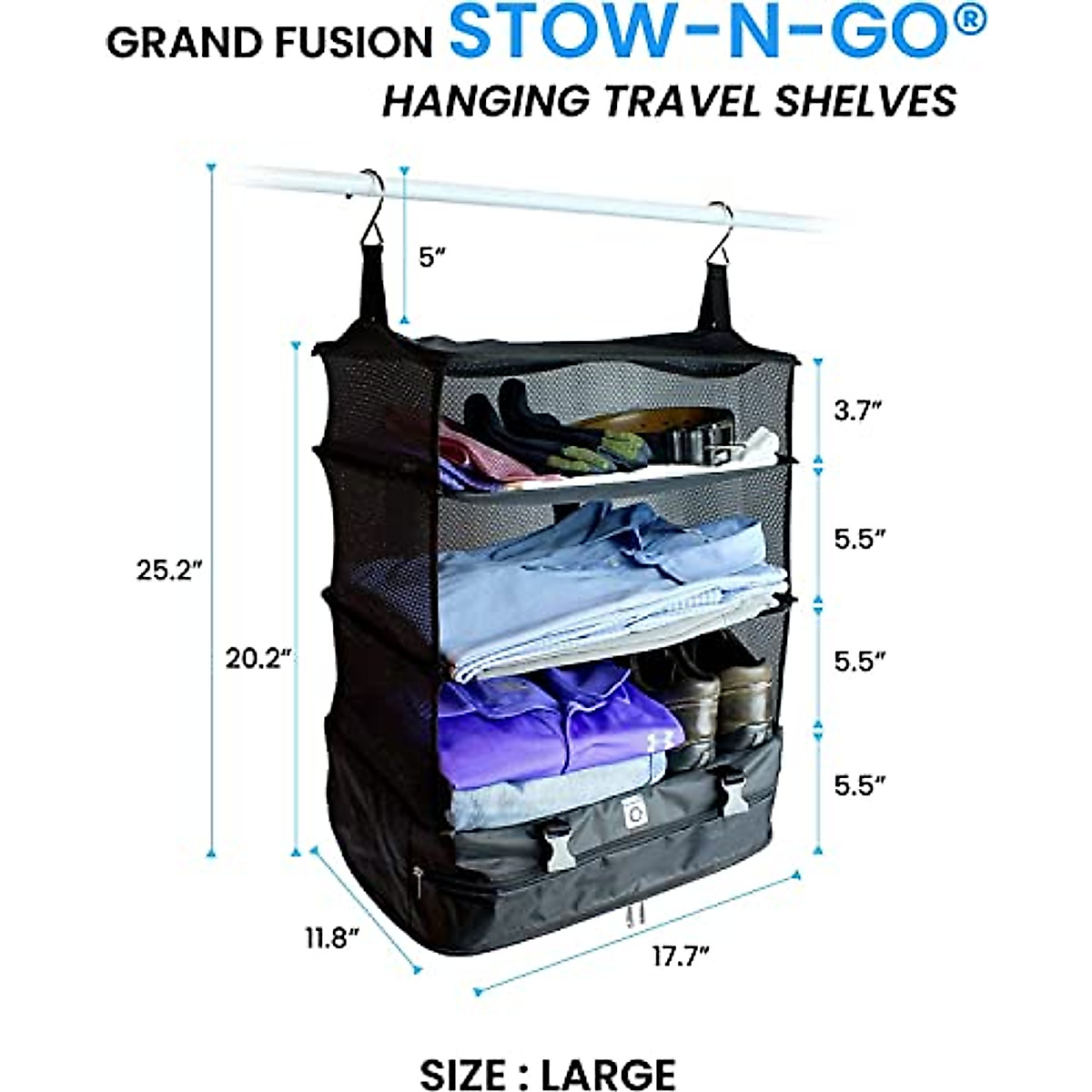 Grand Fusion Housewares Stow-N-Go Luggage and Travel Organizer, Travel Essentials, Hanging Packing Cubes With Hanging Shelves And Laundry Storage Compartment, Black