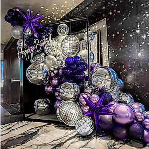 yeewaka chrome purple silver disco balloon garland arch kit 120pcs dark purple & metallic purple balloons with disco ball star balloons for birthday 2024 New year eve prom party decorations