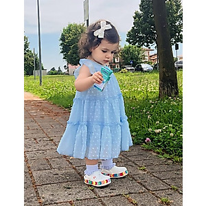 AGQT Toddler Girls Summer Dress Loose Fit Swiss Dots Flowy Pleated Dress Ruffle Babydoll Birthday Chiffon Dress Ligh Blue Size 1-2T