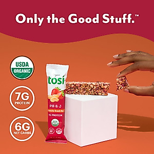 Tosi Peanut Butter & Jelly Protein Bars, Plant Based with Nuts, Gluten-Free Crunchy Snacks, Vegan, Organic, Flax & Chia Seeds, Soy-Free, Omega 3s, 7G Protein, 1 oz, 12-Pack
