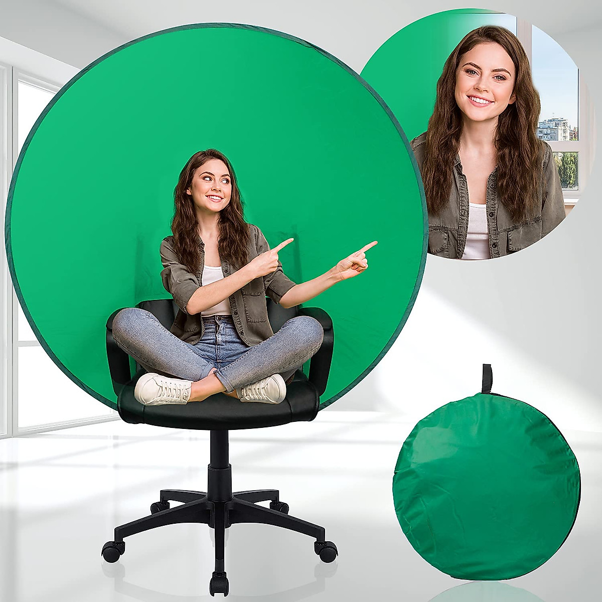 Julius Studio (New Gen.) 56in / 142cm Chromakey Green Screen Round Chair Backdrop Patented, Foldable Collapsible Pop Up Webcam Background, Streaming, Video, Conference, True Chroma Key Color, JSAG836