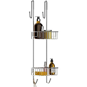 Bamodi |2-Tier Stainless Steel Shower Caddy-Hanging Shower Rack-Bathroom Organizer for Accessories-Rustproof Stainless Steel-2 Towel Hooks-27.56" DX8.27 WX7.28 H(Chrome)