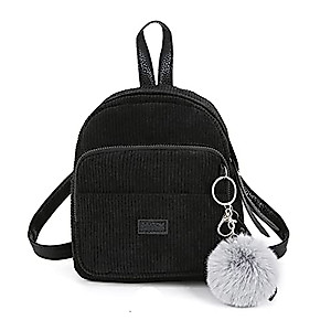Cute Mini Backpack 3 Way Carry Light-weight Corduroy Casual Daypack Detachable Keyring Fur Pom Pom Ball for Women (black)