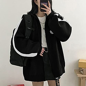 Zip Up Hoodie Women Casual Oversized Basic Hoodies Y2k Streetwear Baggy Sweatshirts Soft Jacket Teen Girls Gothic Clothing J Black