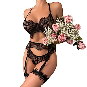 Lilosy Women Sexy Underwire Push Up Sheer Garter Belt Lingerie Set Floral Lace See Through Bra and Panty 3 Piece Eyelash Halter Black Medium